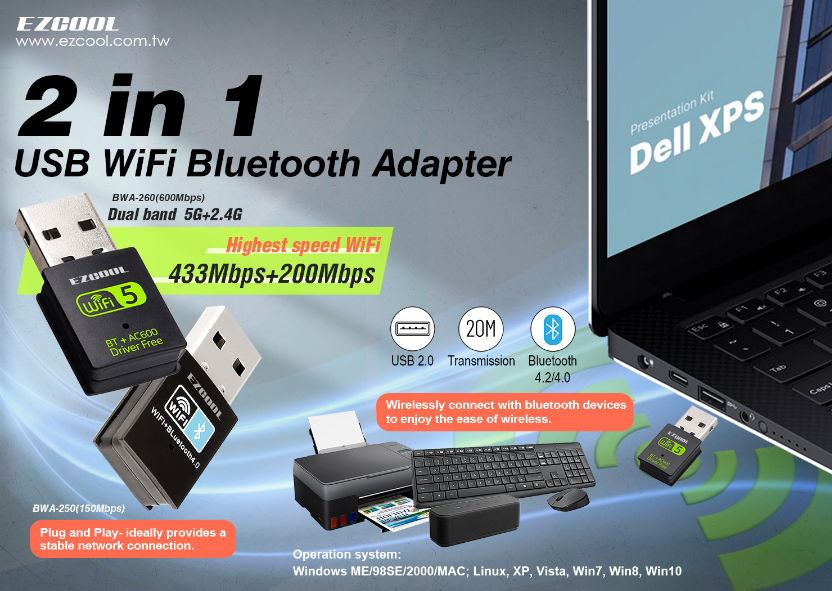 דונגל בלוטות' ורשת אלחוטית איזי קול EZcool BWA-260 600Mbps Dual Band + Bluetooth USB WIFI Adapter